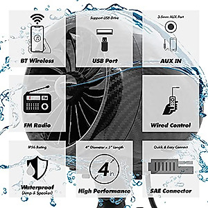 GoHawk TJ4-W Carbon Black Waterproof Amplifier 4" Full Range Bluetooth Motorcycle Stereo Speakers 1 to 1.25 in. Handlebar Mount Audio Amp System Harley Touring Cruiser ATV 4-Wheeler, USB AUX FM Radio