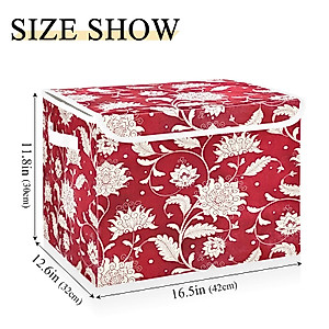 DIGTIA Chinese Traditional Flowers Storage Bins with Lids Red Background Foldable Storage Basket with Handles Collapsible Large Fabric Organizer Containers for Clothes Shelves Closet Office Home Bedro