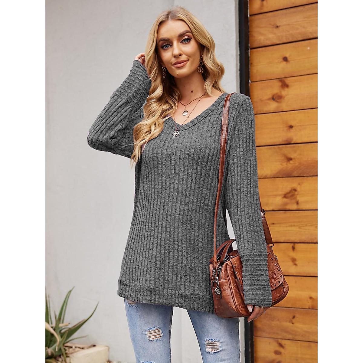 Hount Pullover Sweaters for Women Fashion Long Sleeve Lightweight Plain Basic Tunic Tops Deep Grey