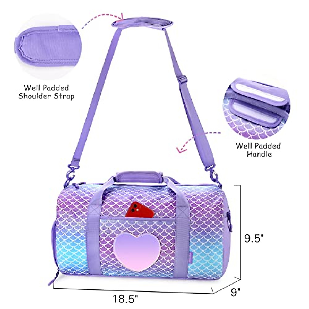 mibasies Dance Bag for Girls Duffle Bag Kids Overnight Travel Sleepover Bags Sport Gym Bag with Shoes Compartment(Mermaid Purple)