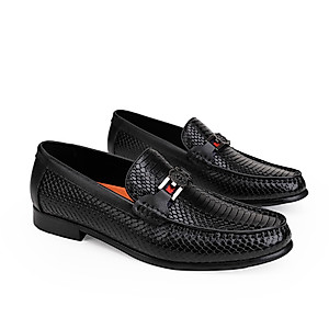 Black Mens Leather Dress Shoes, Premium Crocodile Print Moc-Toe Slip-on Loafer with Metal Buckle Penny Shoes for Mens, 9