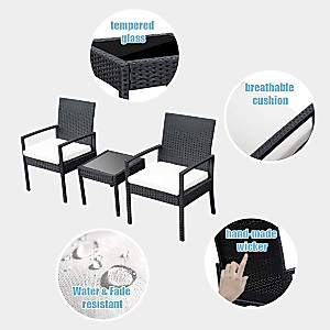 ReunionG 3 Piece Conversation Wicker Rattan Outdoor Patio Furniture Set with 2 Cushioned Chairs & End Table, Black