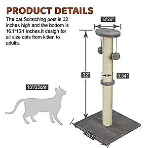 PEEKAB 32“Tall Cat Scratching Post Sisal Rope Scratch Posts with Soft Plush Platform Top and Interactive Ball Toys Vertical Scratcher for Indoor Cats Kitten (Gray)