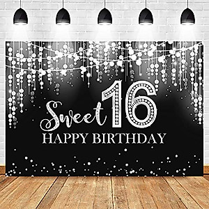 Mocsicka Sweet 16 Birthday Backdrop Glitter Silver Sweet Sixteen Background Girls 16th Birthday Party Cake Table Decoration Photo Booth Props (7x5ft)