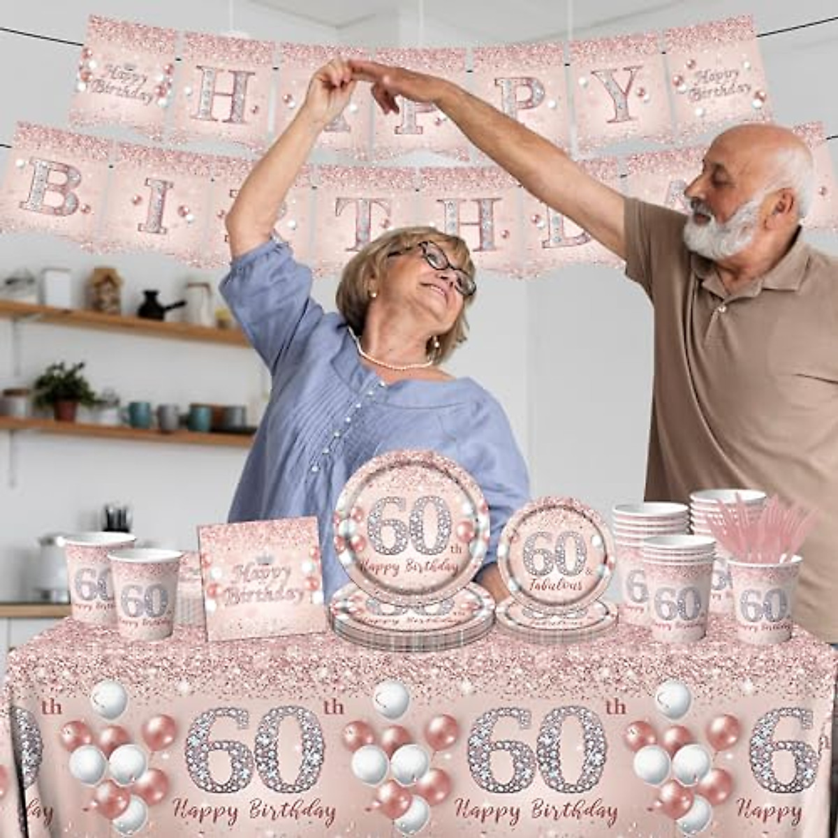 60th Birthday Tableware Decorations for Women, 142Pcs Pink Rose Gold 60th Birthday Supplies Plates and Napkins,Cups,Tablecloth,Happy 60th Birthday Banner for 60 Years Old Birthday Party