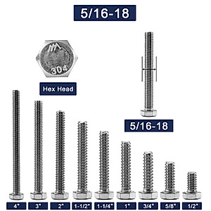 5/16-18 x 2" Hex Head Screw Bolt, 20Pcs 18-8 (304) Stainless Steel, Fully Threaded, Plain Finish, by SG TZH