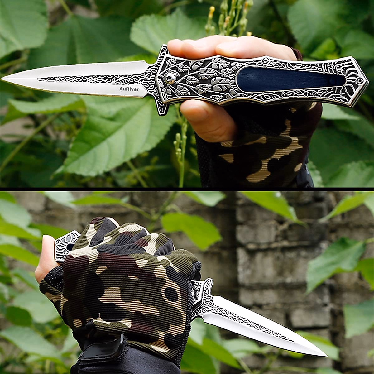 AuRiver Pocket Knife, Stainless Steel Knife with Retro Emboss Patterns and Pocket Clip on Handles for Camping, Fishing or Favorites Gifts