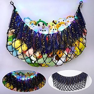 Basumee Stuffed Animals Net or Hammock with LED Light Wall Hanging Stuffed Animals Storage Large Plushie Toy Net for Stuffed Animals Hammock Room Décor with Tassels for Nursery Play Bedrooms Kids Room