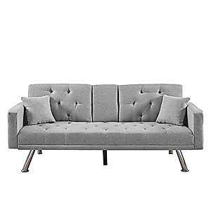 Eafurn Linen Upholstered Convertible Folding Futon Sofa Bed, Button Tufted Loveseat Couches for Compact Living Space, Apartment, Dorm, Bonus Room w/Metal Legs, 2 Cupholders,Comfy Sofa & Couches, Grey