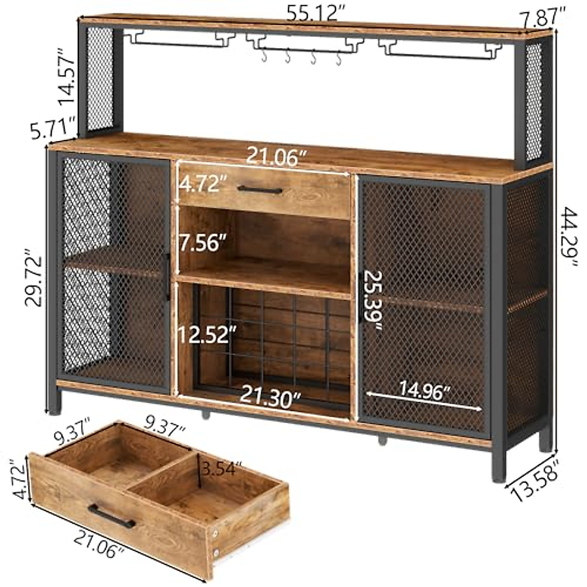 Gyfimoie Wine Bar Cabinet with Drawer and LED Lights, 55 Inches Industry Coffee Bar Cabinet with Wine Rack and Glass Goblet Holder, Kitchen Sideboard Buffet Cabinet for Liquor and Goblet