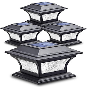 SIEDiNLAR Solar Post Lights Outdoor Glass LED Fence Cap Light 2 Modes for 4x4 5x5 6x6 Posts Deck Patio Garden Decoration Warm White/Cool White Lighting Black (4 Pack)