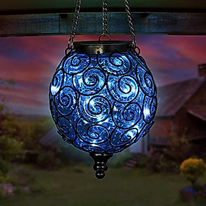 Exhart Outdoor Garden Solar Lights, Round Glass and Metal Hanging Lantern, 15 Firefly LED Lights, 7 x 20 Inch, Blue