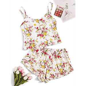 SheIn Women's Pajamas Sets Button Front Tank and Shorts Lounge Set Sleepwear White Floral X-Large