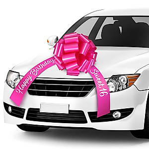 Happy Birthday Car Bow Sweet 16 Big Car Pull Bow Giant Car Gift Wrapping Bow with 20 Feet Car Ribbon for Birthday Party Car Decorations (Rose Red, 20 Inch)
