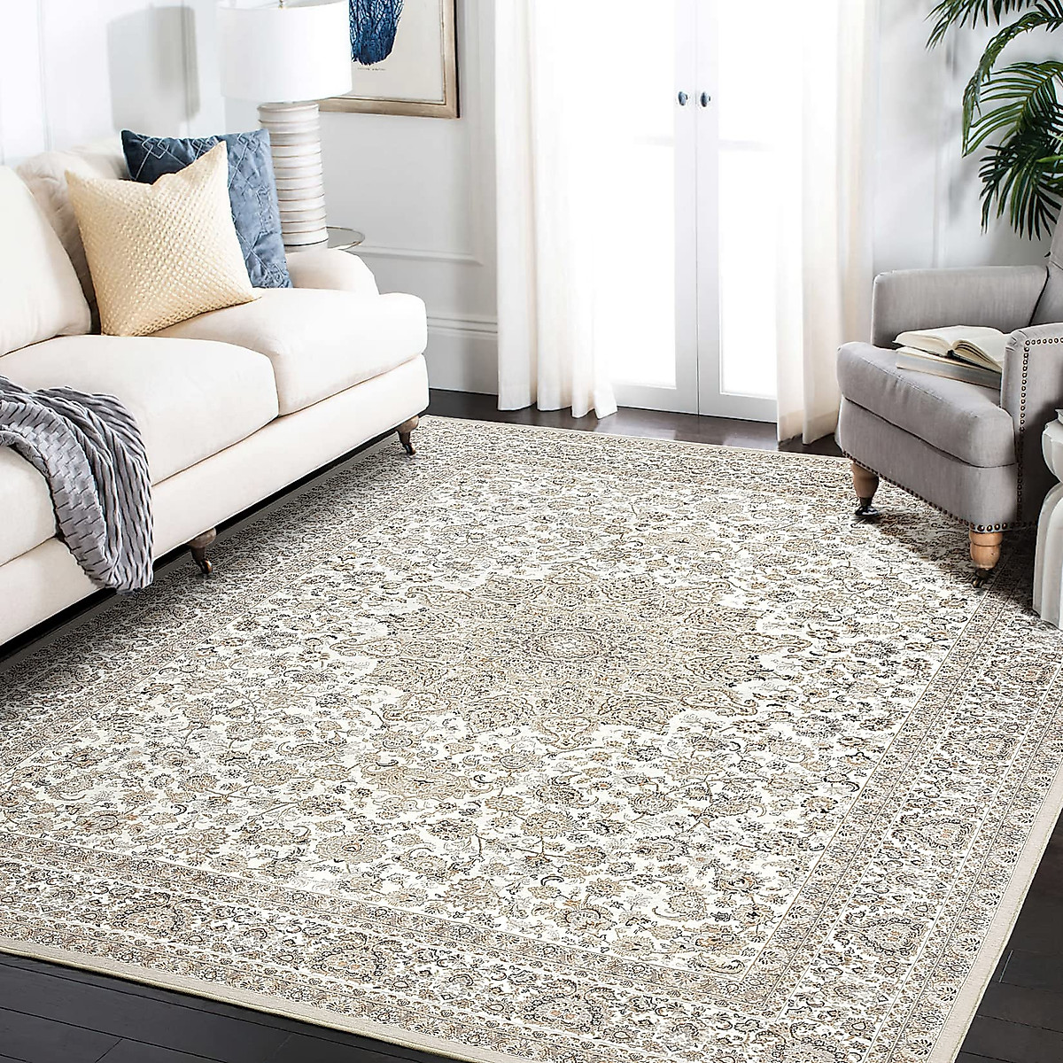 Area Rug Living Room Rugs: 5x7 Large Machine Washable Non Slip Thin Carpet Soft Indoor Luxury Floral Stain Resistant Carpets for Under Dining Table Farmhouse Bedroom Nursery Home Office Beige