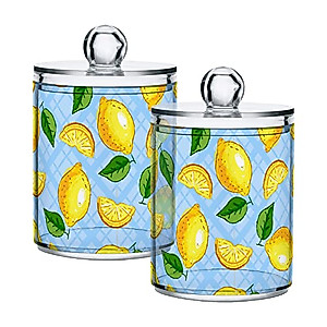 Plastic Jars with Lids,Yellow Lemons Blue Checkered Bulk Pack Storage Containers Wide Mouth Airtight Canister Jar for Kitchen Bathroom Farmhouse Makeup Countertop Household,Set 2
