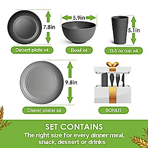 Teivio 16-Piece With Flatware Kitchen Plastic Wheat Straw Dinnerware Set, Service for 4, Dinner Plates, Dessert Plate, Cereal Bowls, Cups, Unbreakable Plastic Outdoor Camping Dishes, Stone