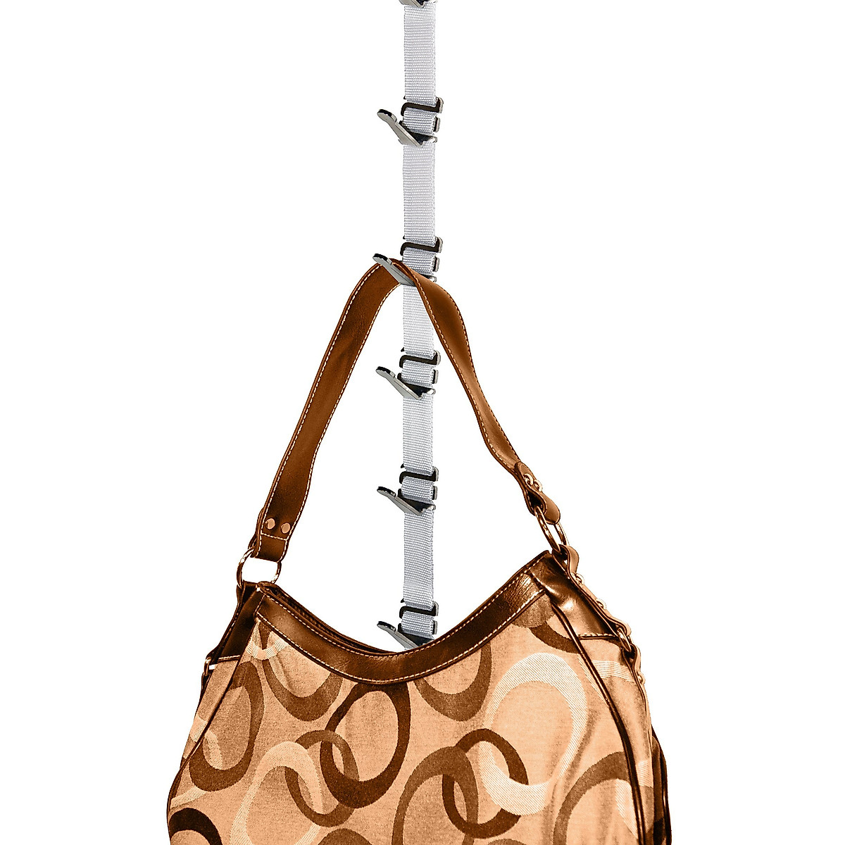 Jokari Heavy Duty Over The Door 16 Hook Purse Rack. Self Adjustable Elastic Straps with Moveable Metal Chrome Hooks to Store, Organize and Display Bags, Scarves or Hats and Save Closet Storage Space.