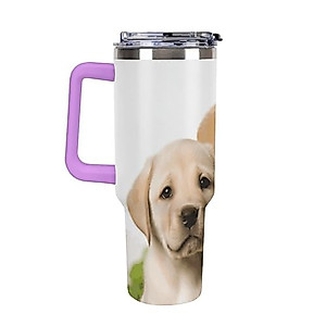 LLUTSNTH 40 Oz Vacuum Tumbler with Violet Handle Leakproof Insulated Tumbler Funny Labrador Puppy Dog Stainless Steel Travel Mug with Lid And Straw Coffee Cup Cute Water Bottles Cup Holder Friendly