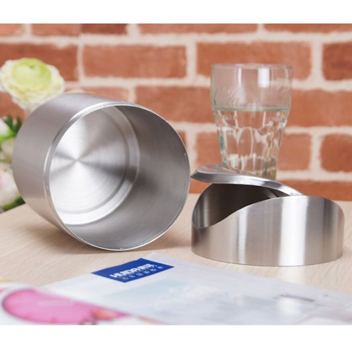 Haoun Mini Dustbin, Recycling Countertop Trash Can Brushed Stainless Steel Table Desk Swing Lid Garbage Bin Wastebasket