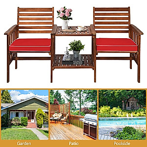 HAPPYGRILL Acacia Wood Loveseat with Table Patio Bistro Set Wooden Table Chairs Set with Cushions, Outdoor Furniture Set with 2.1 inch Umbrella Hole for Garden Balcony