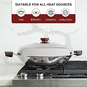 BUFFALO Clad Stainless Steel Wok Pan with Lid Flat Bottom 15 inch (38cm) Stir Frying Pan Tri-Ply Nonstick Cookware - Double Handle Cooking Pot for Induction/Electric/Gas Stoves