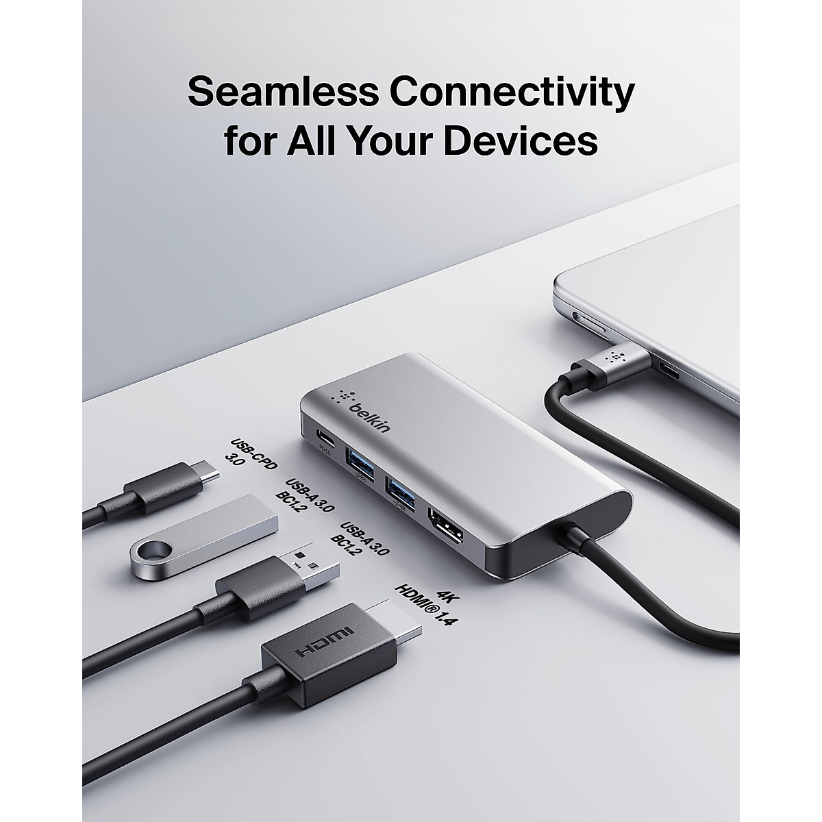 Belkin USB C Hub, 4-in-1 Multi-Port Laptop Dock with 4K HDMI, USB C Docking Station with 100 Watt Pass-Through Power Delivery, 2 X USB A Ports For MacBook Pro, Air, iPad Pro, Chromebook and More