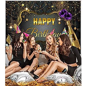 InMemory Black and Gold Happy Birthday Backdrop Banner for Women Sequin High Heel Champagne Purple Bday Photography Background for Adult Queen Birthday Party Decor Supplies Photo Booth Backdrops 5x3ft