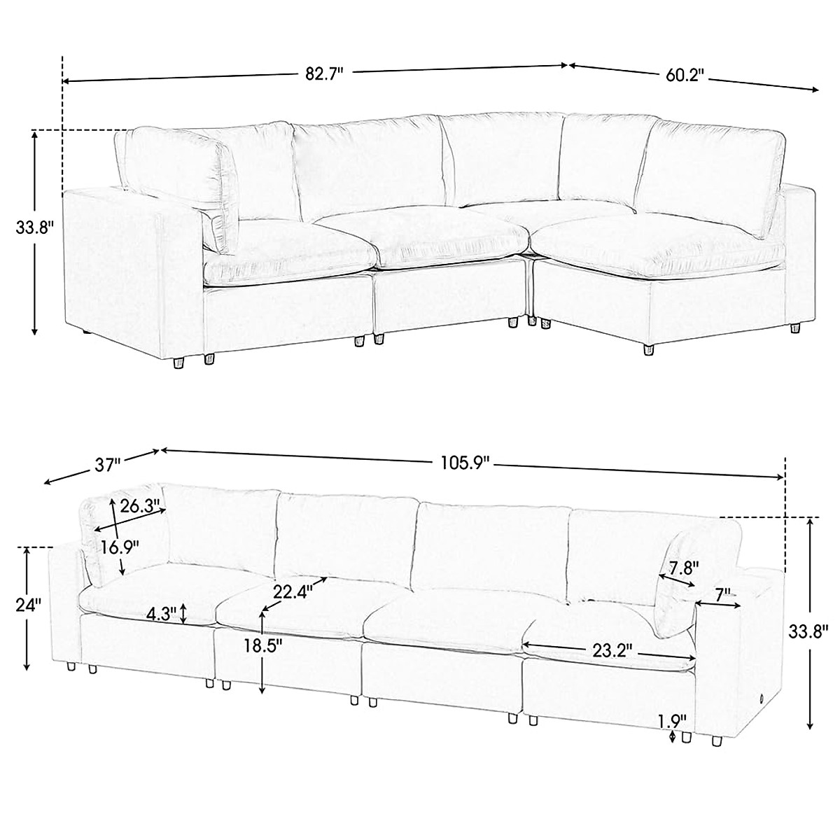 WILLIAMSPACE Modular Sectional Sofa for Living Room, Upholstered 4 Seater Sofa Couch Furniture, Reversible Couch for Apartment (Beige)