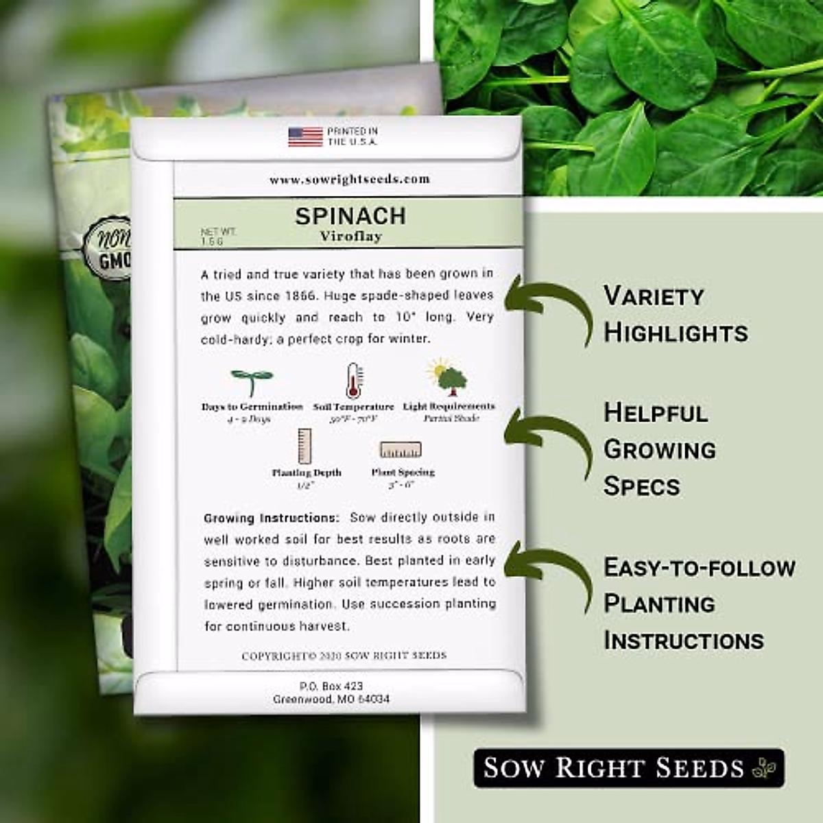 Sow Right Seeds - Viroflay Spinach Seed for Planting - Non-GMO Heirloom Packet with Instructions to Plant a Home Vegetable Garden, Great Gardening Gift (1)