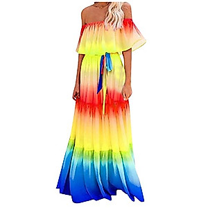 Daorokanduhp Sexy Off Shoulder Long Dress for Women Fashion Short Sleeve Ruffled Floral Printing Ankle Length Sundress Skirts