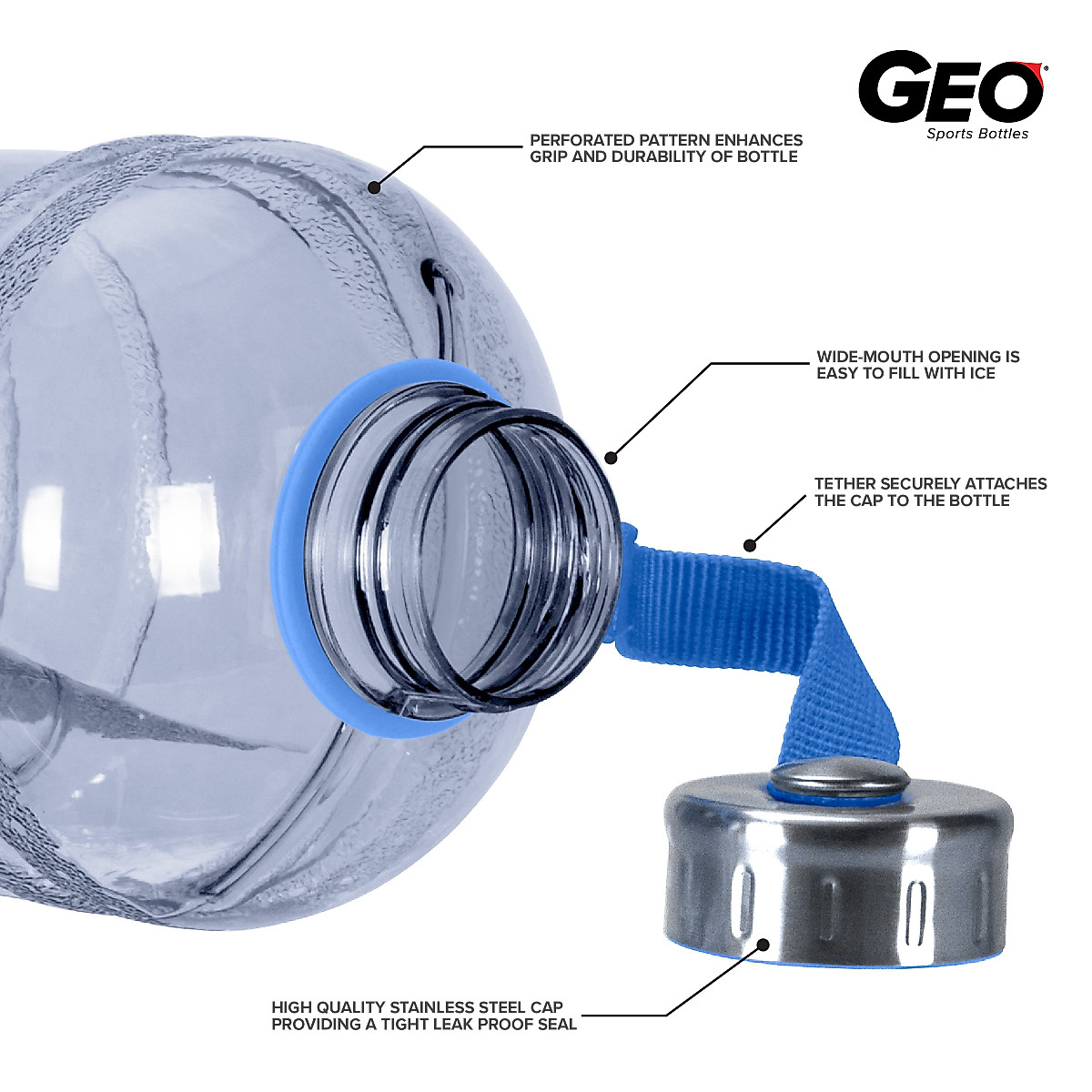 Geo Sports Bottles 1/2 Gallon (64 oz) BPA Free Reusable Leakproof Wide Mouth Sports Water Jug Bottle with Handle and 48mm Stainless Steel Cap (Natural Blue)