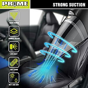 PR1ME Handheld Car Vacuum Cleaner, DC 12V Portable Car Vacuum Cleaner, Strong Suction High Power Hand Vacuum, LED Light, w/ 3 Attachments, 16 Ft Cord, Lightweight Dry Wet Amphibious Vehicle Cleaner
