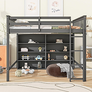 SOFTSEA Full Size Loft Bed with Storage, Solid Wood Loft Bed with Open Storage Shelves, Multi-Functional Loft Bed Frame with Ladder for Kids Boys Girls Teens, Gray