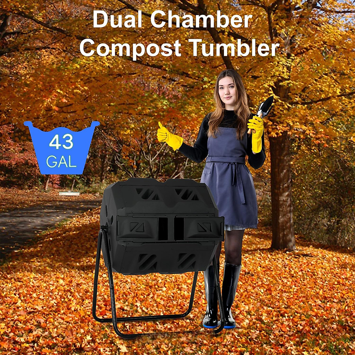 FDW Outdoor Compost Bin, 43 Gallon Dual Chamber Tumbling Composting Bin with Sliding Doors for Garden Patio Kitchen Yard，Black Door