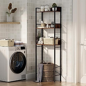 Giantex Over-The-Toilet Storage Shelf, 3-Tier Bathroom Space Saver with 3 Hooks, Industrial Tower Rack for Restroom, Kitchen, Freestanding Bathroom Organizer (Rustic Brown)