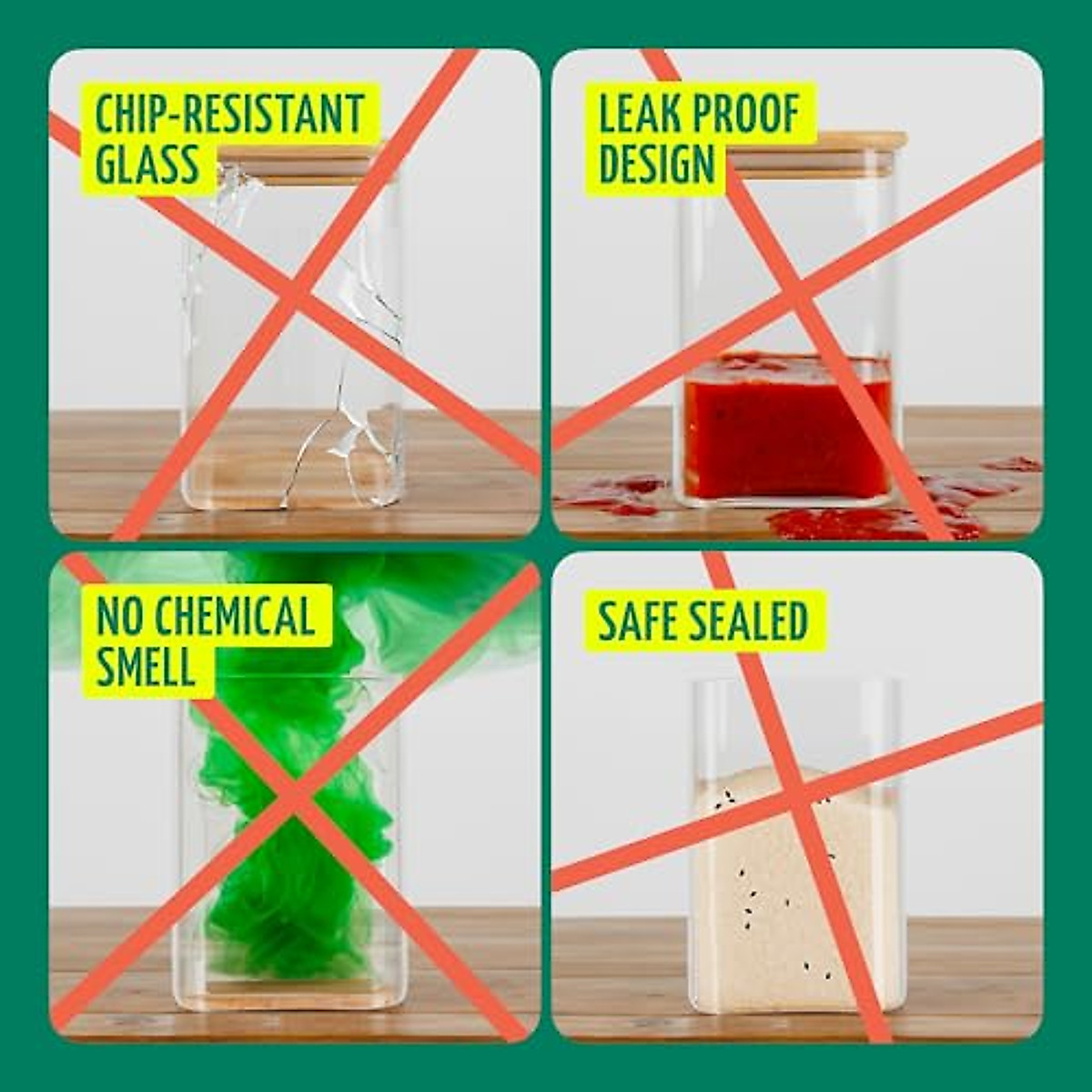 Set of 5 Glass pantry storage containers with lids, Borosilicate Square glass containers with bamboo lids, Cookie jar, Glass storage containers with lids for pantry, Pasta Rice Flour Sugar Tea Beans