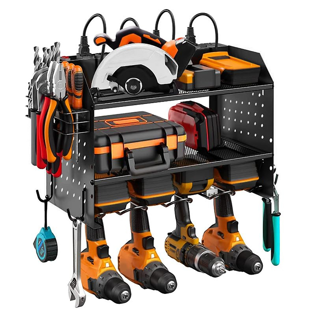 Havenfly Power Tool Organizer Wall Mount with Power Strip, 6 Drill Holder, Heavy Duty Metal Drill Storage Shelf with 8 Hooks, 3 Layer Storage Shelf with 2 Side Pegboards, Ideal Gifts for Men