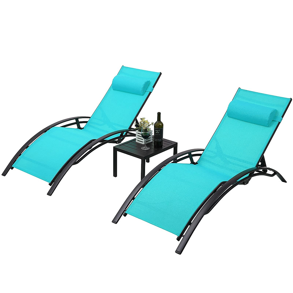 AthLike 3 pcs Poolchairs Patio Chaise Lounge Set with Headrest, 5-Level Adjustable Sunbathing Tanning Poolside Recliner Chairs with Side Table for Outdoor Beach (Blue, 2 Chairs and 1 Table)