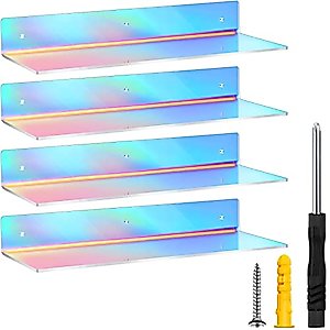 Rainbow Iridescent Acrylic Shelves Floating Wall Ledge Bookshelf Wall Mounted Shelf Display Organizer for Kids Room Bathroom Bedroom Living Room Nursery Office Kitchen (4 Pieces)