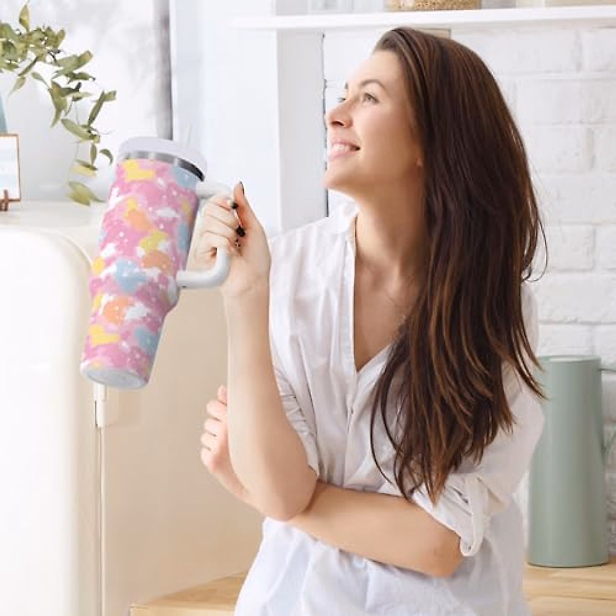 Emelivor Clouds Stars Pink 40 oz Tumbler with Lid and Straw Insulated Tumblers with Handle Travel Coffee Mug Cup Large Water Bottles Cup for Women Men Sports Gym