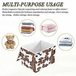 Kigai Storage Basket White Brown Print Cow Storage Boxes with Lids and Handle, Large Storage Cube Bin Collapsible for Shelves Closet Bedroom Living Room, 16.5x12.6x11.8 In