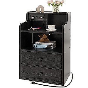 LIKIMIO Black Nightstand with LED Charging Station 2 Drawers and Storage Shelves, Left and Right Interchangeable Sockets Bed Side Table Night Stand with Drawer