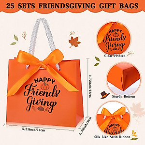 Tenceur 25 Sets Thanksgiving Gift Bags Friendsgiving Party Favor Orange Gift Bags with Handles Small Candy Bag with Bow Ribbon Friends Thanks Giving Party Gift Bag for Friend Guest, 5.51x4.72x2.36''