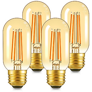 Genixgreen Dimmable E26 LED Bulb 60 Watt Equal 6W Amber Tube Light Bulb, T14/T45 Vintage Filament Edison Bulb for Wall Sconces Ceiling Fan, Pendant Warm White 600Lm,Soft White 2200K,120V 4 Pack