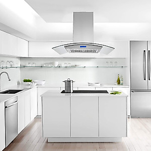 Tieasy Island Range Hood 36 inch 700 CFM Ceiling Mount Kitchen Stove Hood Ducted with Tempered Glass 4 LED Lights Touch Control 3 Speed Fan Permanent Filters