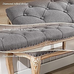 Cozyman Bedroom Bench, French Vintage Tufted Entryway Bench, 45.2" Carving Upholstered End of Bed Bench with Distressed Wood Legs, Linen Ottoman Bench Seat for Living Room, Foyer, Dining Room, Gray