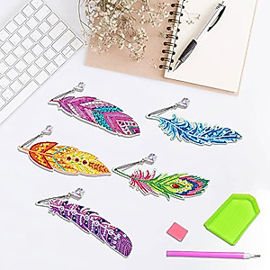 5D Diamond Painting Bookmarks, 12 Pcs DIY Crystal Feather Bookmark, Rhinestone Feather Bookmarks Kits with Crystal Pendant for Kids Adults Home Class Craft School Supplies, 12 Styles