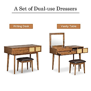 DOINUO 43.3" Wood Makeup Vanity Desk with Flip-top Mirror & Drawers, Vanity Dressing Table Set with Storage Space and Cushioned Stool, Vanity Makeup Desk Set for Bedroom Brown