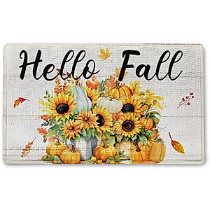 Bnwepo Fall Door Mat Autumn Doormats, Fall Welcome Mat, Hello Fall, Kitchen Mat Pumpkin Sunflower House Outdoor Mat, Farmhouse Front Door Porch Outdoor Indoor 17 x 30 Inch